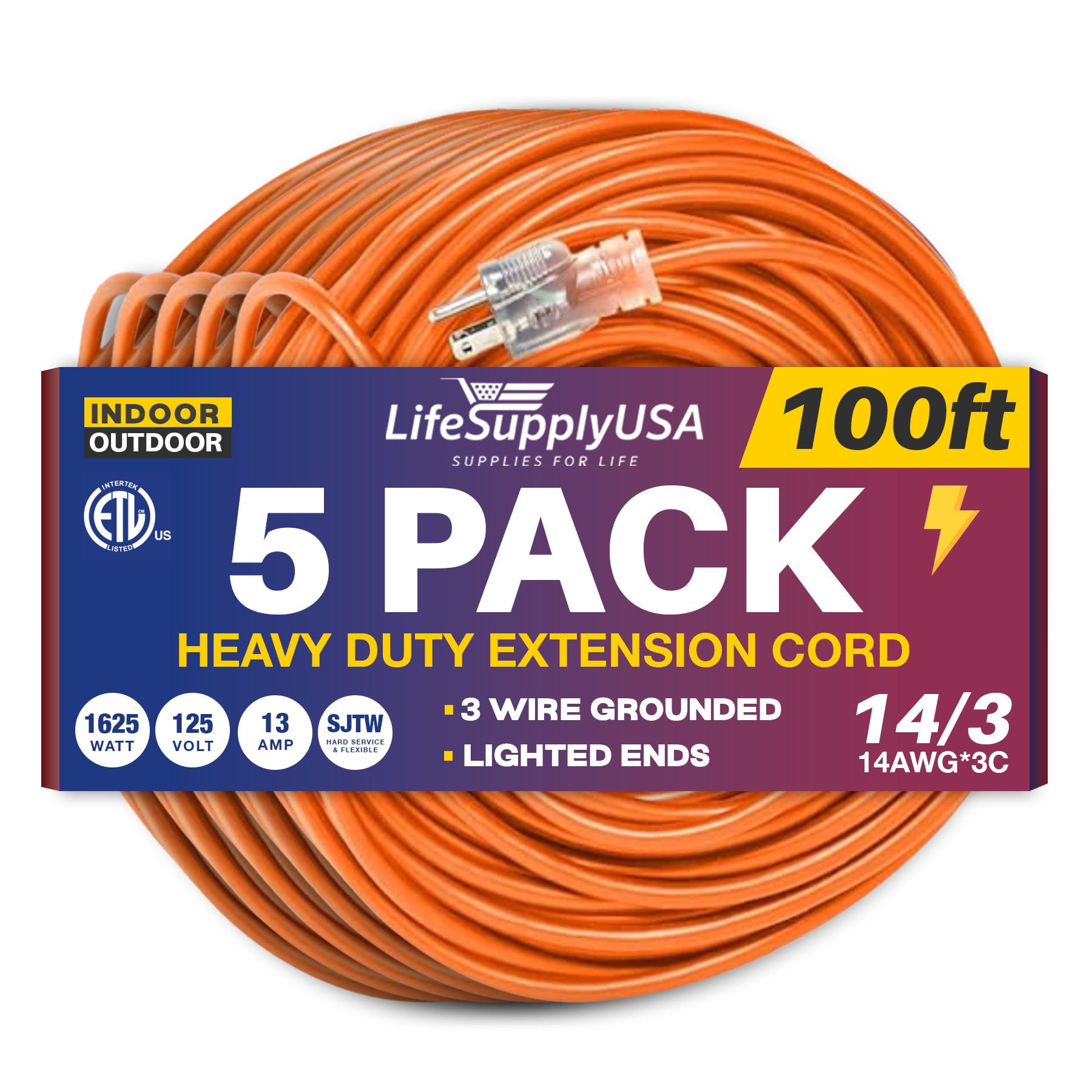 100ft Power Outdoor Extension Cord & Indoor - Waterproof Electric Drop ...