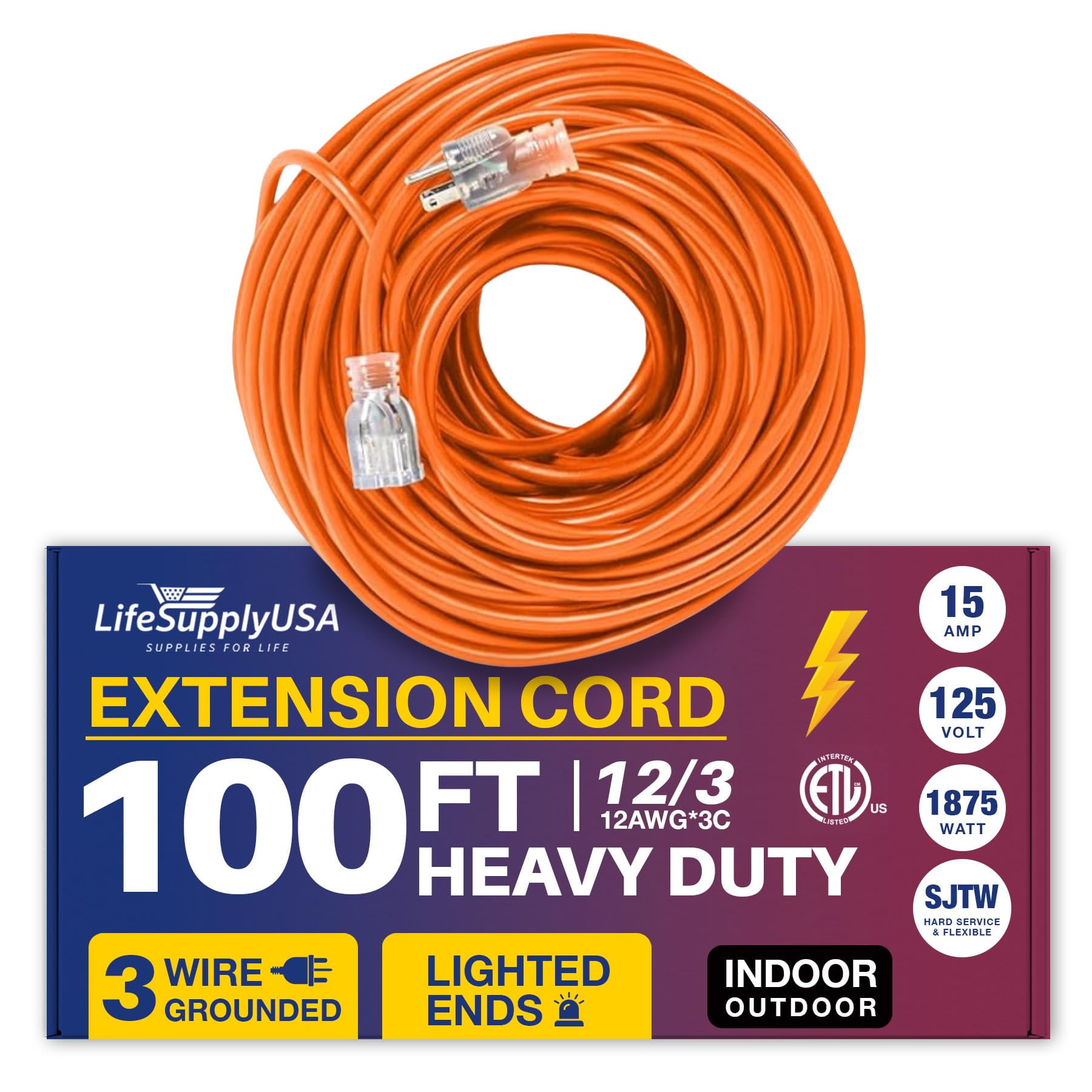 100ft Power Outdoor Extension Cord & Indoor - Waterproof Electric Drop ...