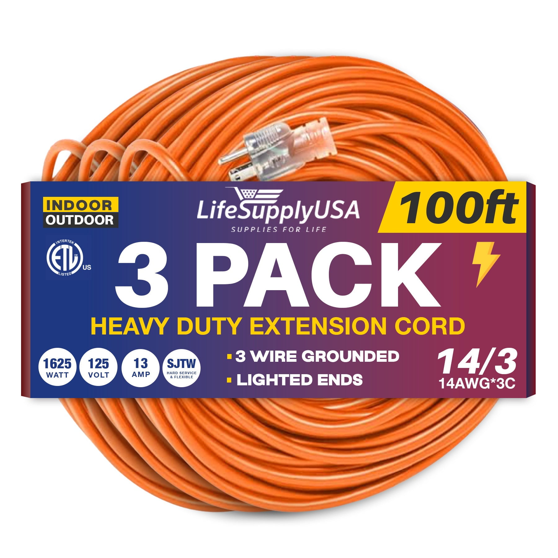 100ft Power Outdoor Extension Cord & Indoor - Waterproof Electric Drop Cord Cable - 3 Prong SJTW ...