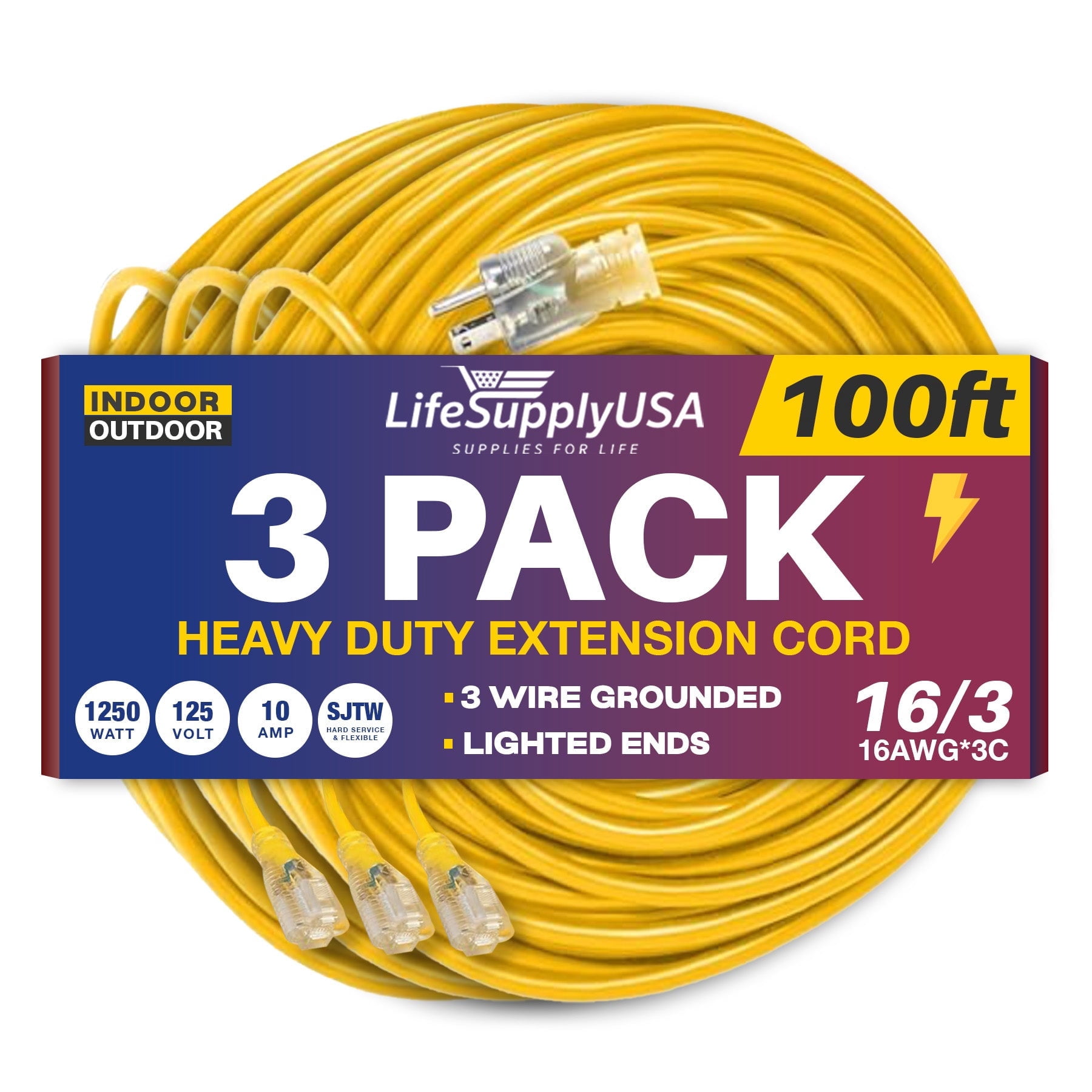 100ft Power Outdoor Extension Cord & Indoor - Waterproof Electric Drop ...