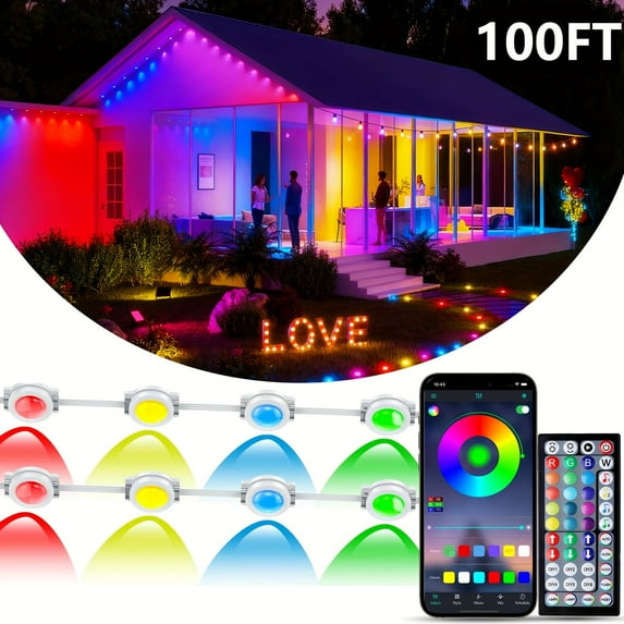 100ft RGB Color Changing Permanent Outdoor LED Lights - IP67 Waterproof, Dynamic Festive ...