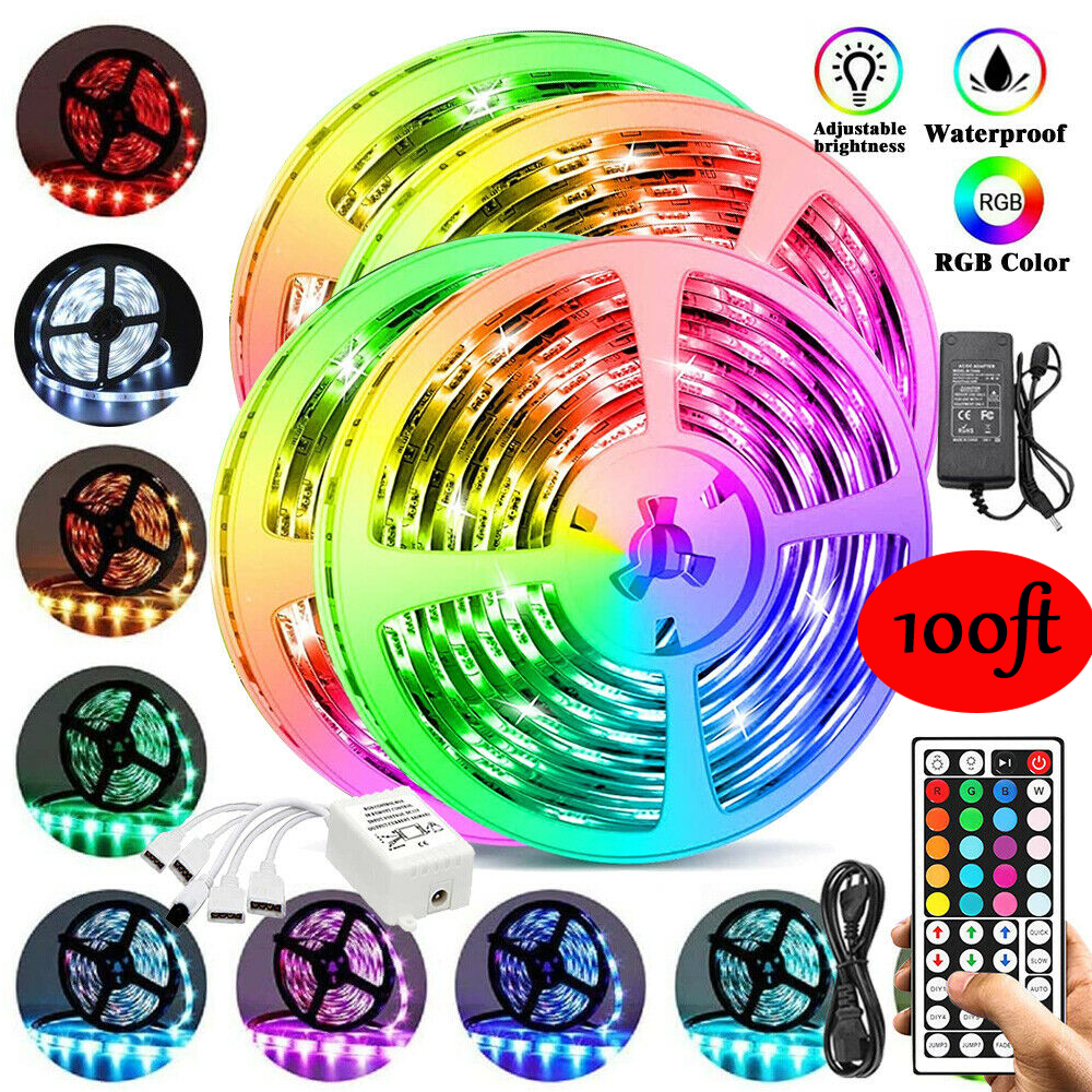 100ft RGB LED Strip Lights Kit, Dimmable Color Changing Light Strips ...