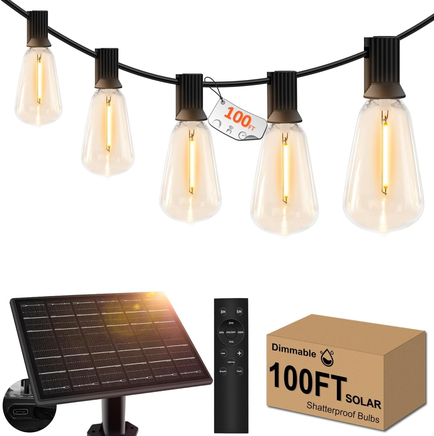 100ft Solar Outdoor String Lights with Remote - USB Rechargeable Solar ...