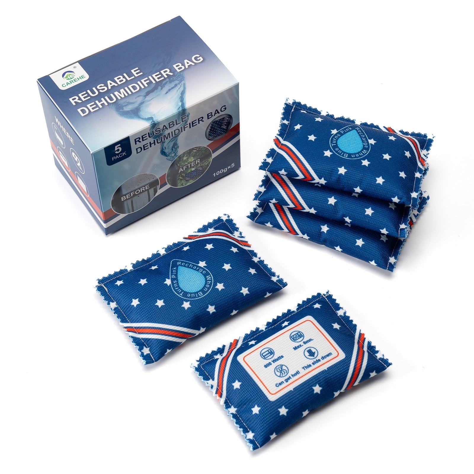 CAREHE 100g Dehumidifier Bags, 5 Pack Reusable Silica Gel Moisture ...