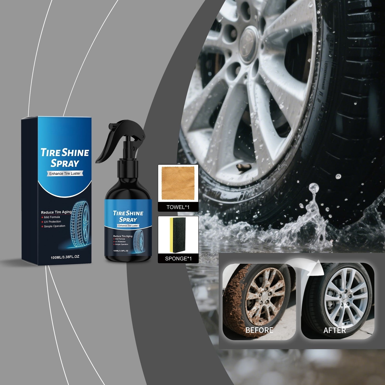 100ml Car Tire Shine Spray Kit – Daily Tire Cleaning, Stain Removal ...
