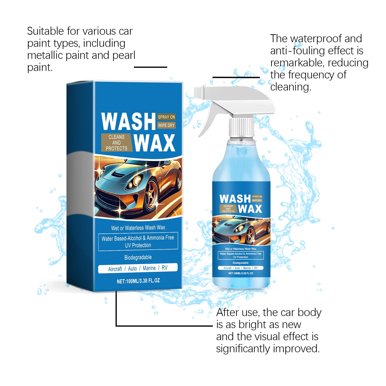 100ml Waterless Car Wash and Wax Spray – UV Protection Formula, Cleans ...