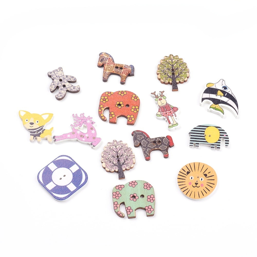 100pc 2-Hole Printed Wooden Sewing Buttons Mixed Shapes Mixed Color 17 ...