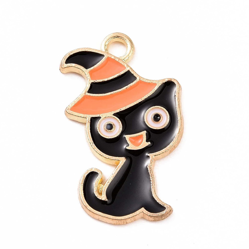 100pc Alloy Enamel Pendants Cat with Hat Charm Golden 25x14.5x1mm Hole ...