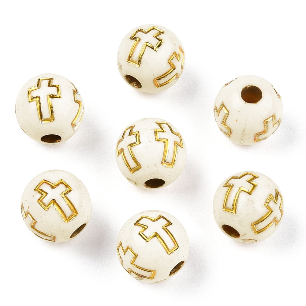 100pc Plating Acrylic Beads Golden Metal Enlaced Round with Beige 8mm ...