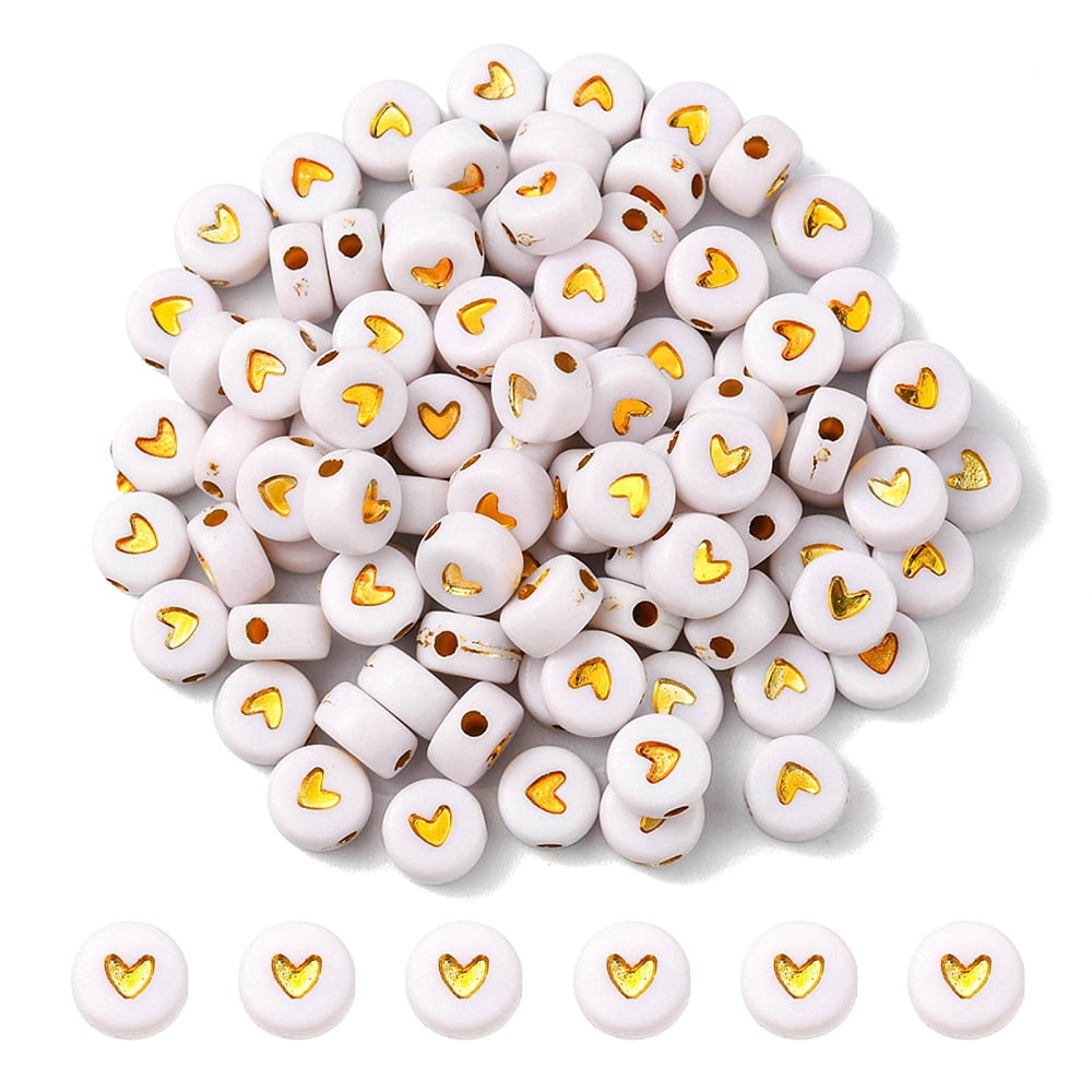 100pc Plating Acrylic Beads Metal Enlaced Flat Round with Heart White 6 ...