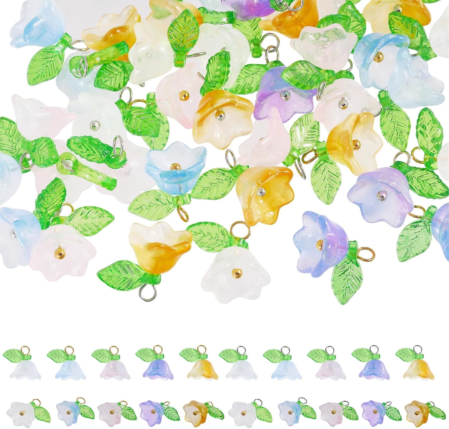 100pcs 10styles Glass Bell Flower Charm Beads Pendant Charms Assorted ...