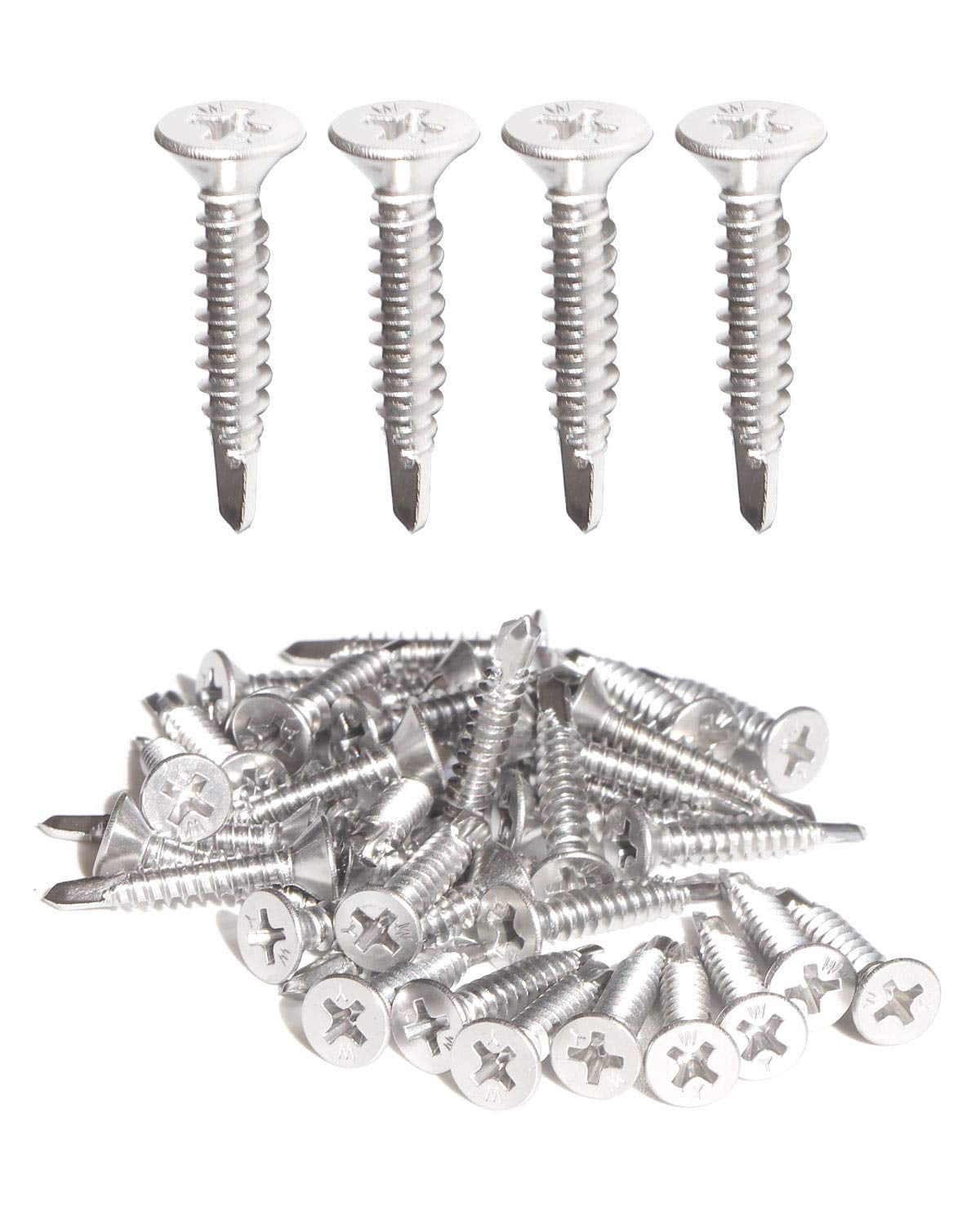 100pcs #12 x 1 Stainless Flat Head Phillips Self Drilling Screws, 410 Stainless Steel Full ...