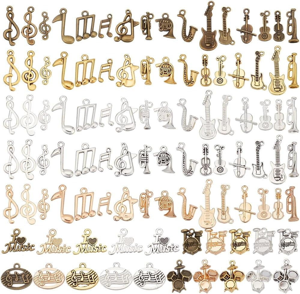 100pcs 5 Colors Music Charms Vintage Style Instrument Dangle Pendants ...