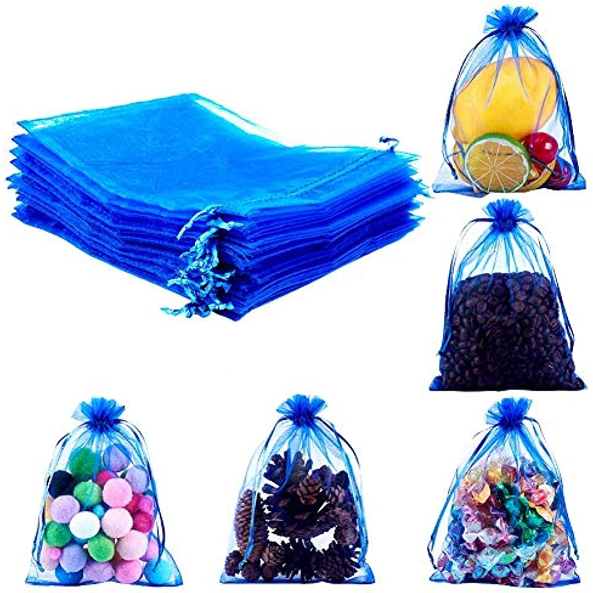 100pcs 5x7 Inch Blue Organza Drawstring Bags Mesh Sheer Bags Jewelry ...