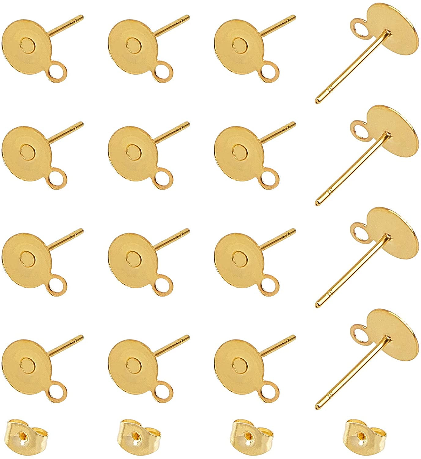 100pcs 6mm Tray Golden Flat Round Earring Post Kit Stainless Steel Flat ...