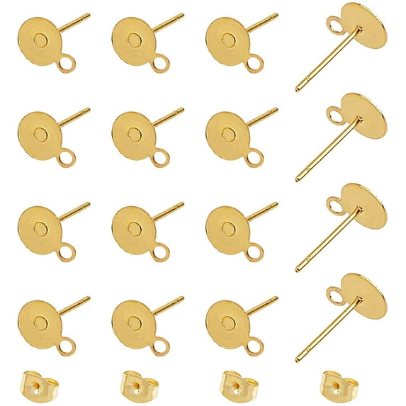 100pcs 6mm Tray Golden Flat Round Earring Post Kit Stainless Steel Flat ...