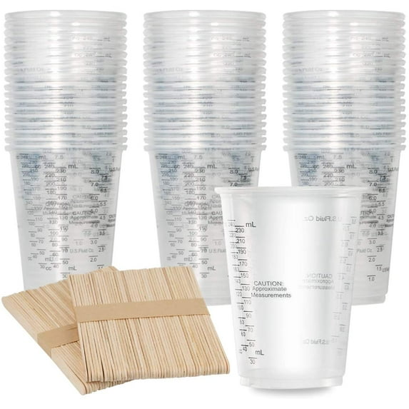 100pcs 8oz Graduated Clear Plastic Measuring Cups with 100pcs Wooden ...