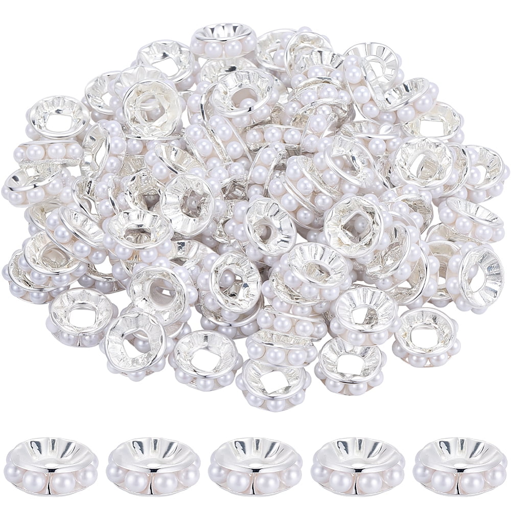 100pcs Alloy Spacer Beads with Plastic Pearl Large Hole Bead Flat Round ...