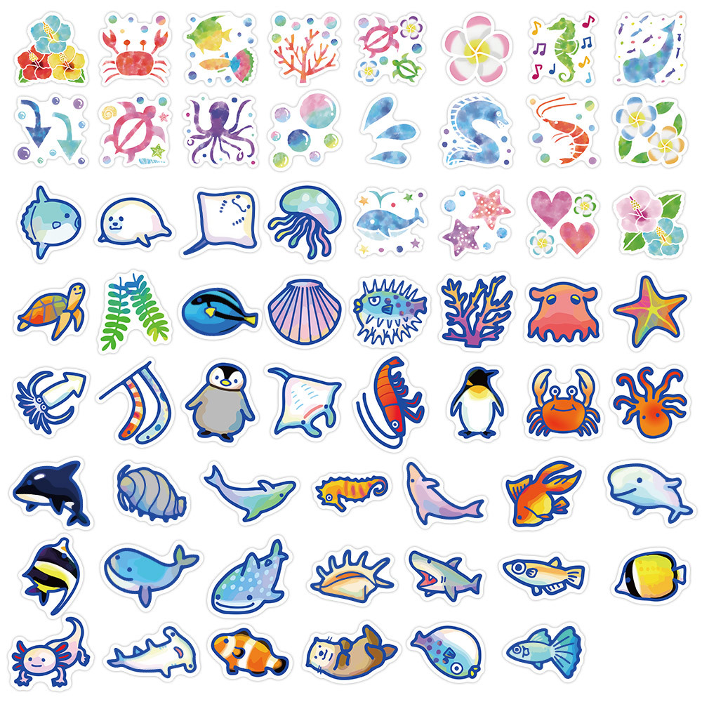 100pcs Aquarium stickers cute cartoon marine life fish and shrimp ...
