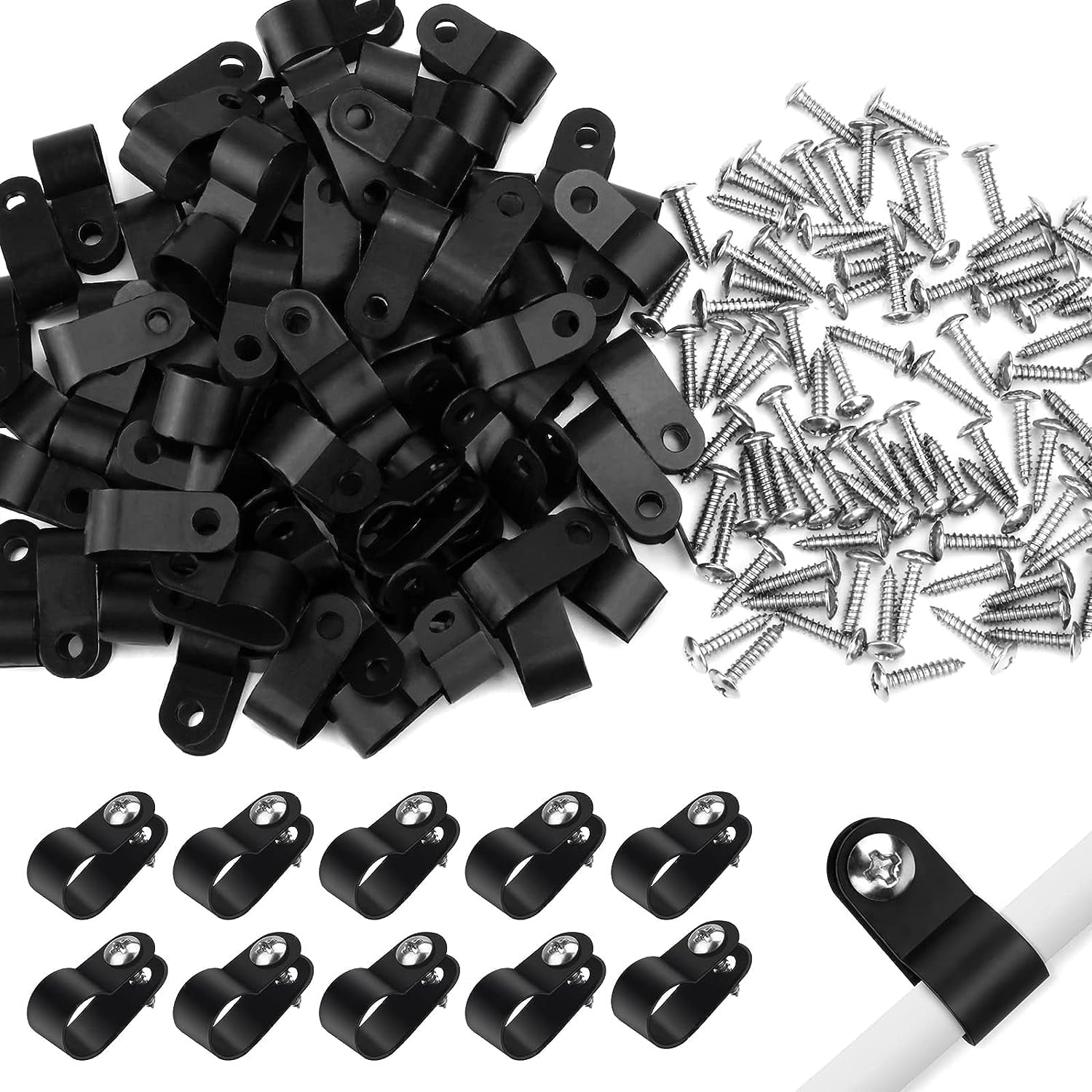 100pcs Black 3/8 inch Nylon Plastic R-Type Cable Clips Clamp Kit ...