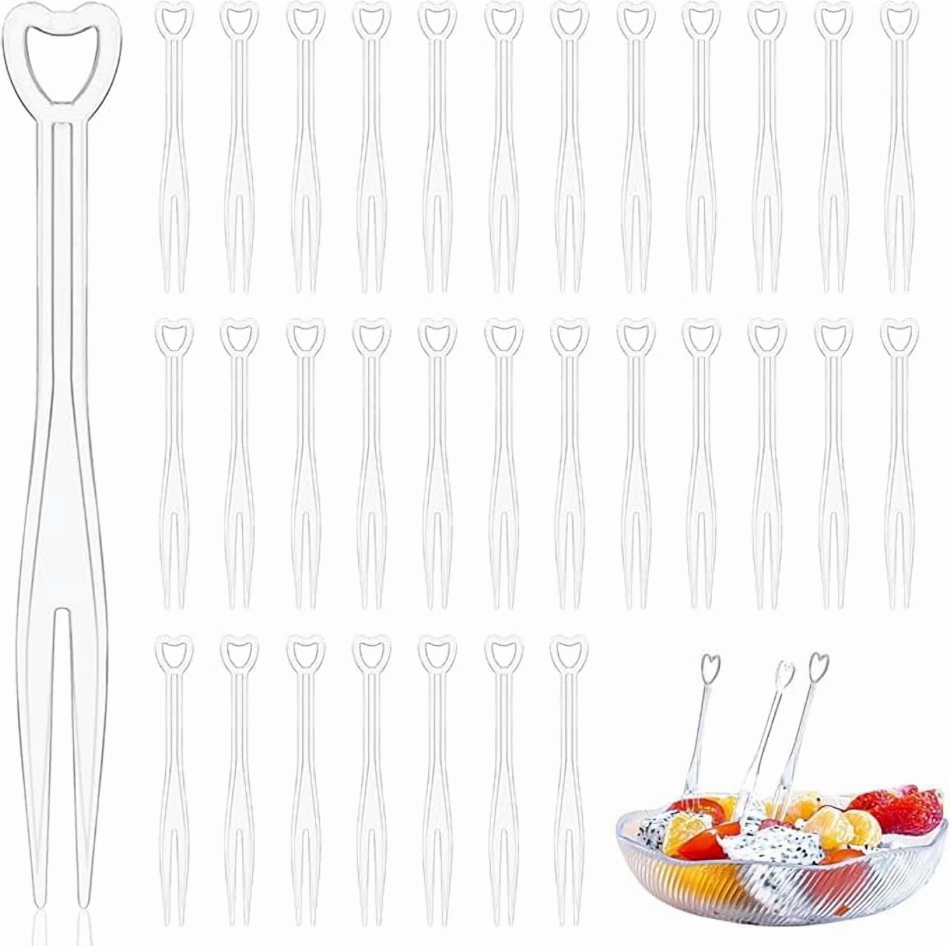 100pcs Clear Heart-Shaped Fruit Forks, Double Prongs, For Bars ...