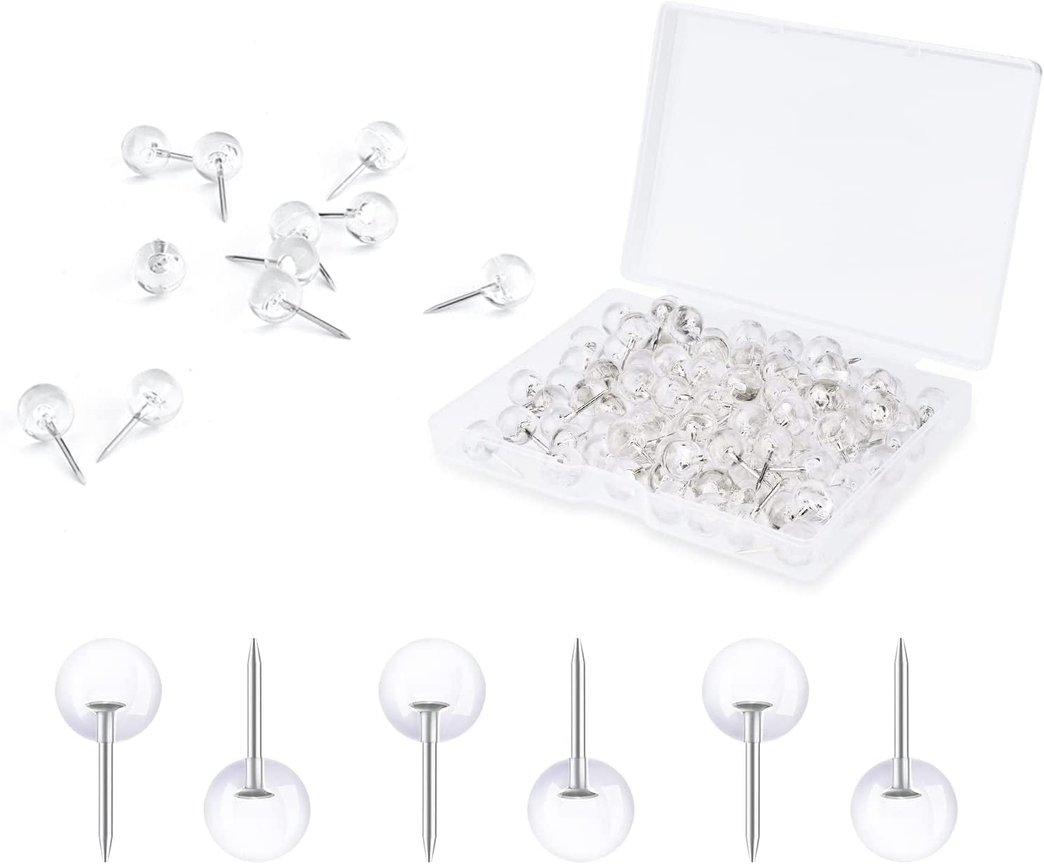 100pcs Clear Round Push Pins, Silver Ball Push Pins with Storage Box Round Thumb Tacks Bulk for ...