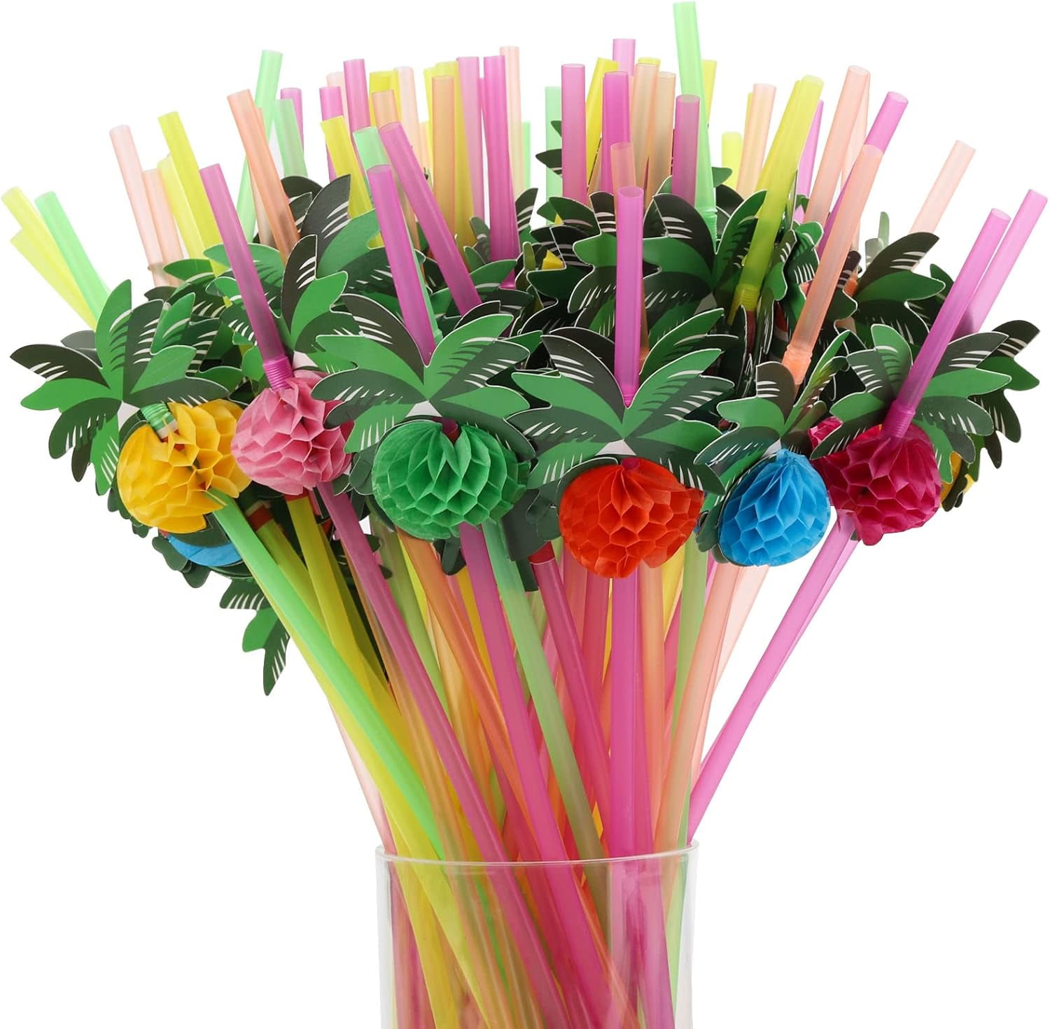 100pcs Coconut Tree Drinking Straws, Disposable Honeycomb Plastic ...