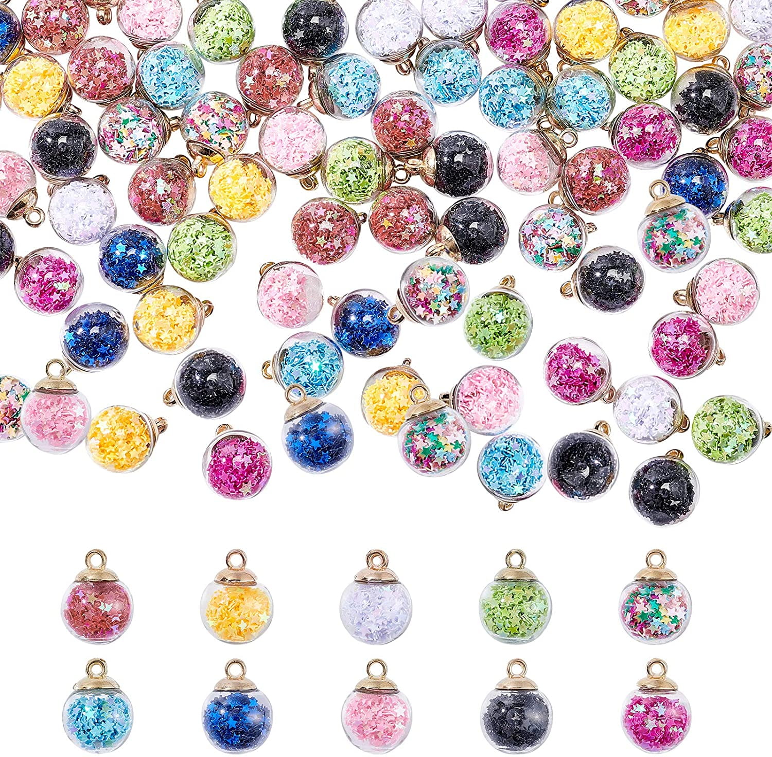 100pcs Colorful Glass Ball Charms - 15mm Glass Ball Pendants with Star Glitter Sequins Cup Peg ...
