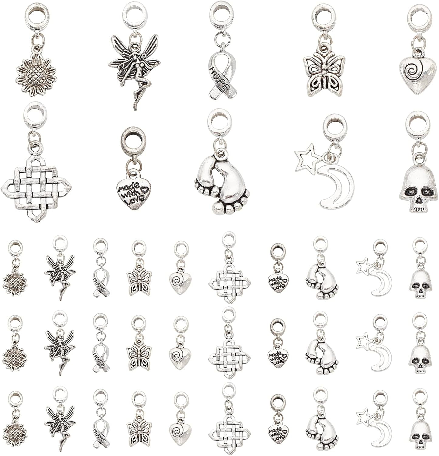 100pcs Dangle Beads Silver 10 Styles Large Hole European Charms 5mm ...