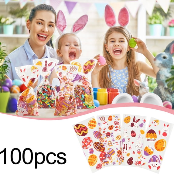100pcs Easter Cellophane Treat Bags with 110pcs Gold Twist Ties, Easter ...