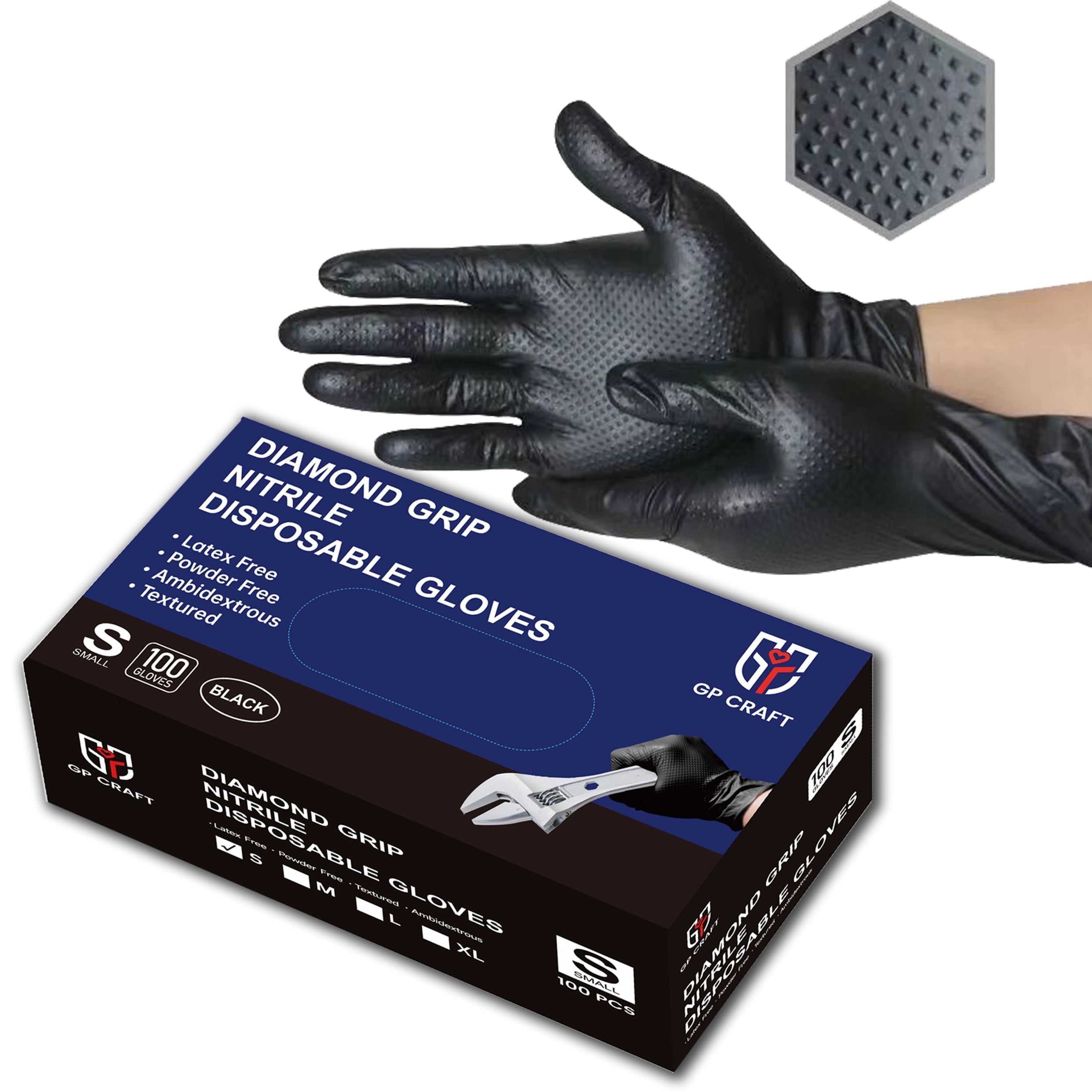 100pcs GP Craft 8Mil Diamond Textured Black Nitrile Gloves (Automative Work) Cleaning Hand Cover ...