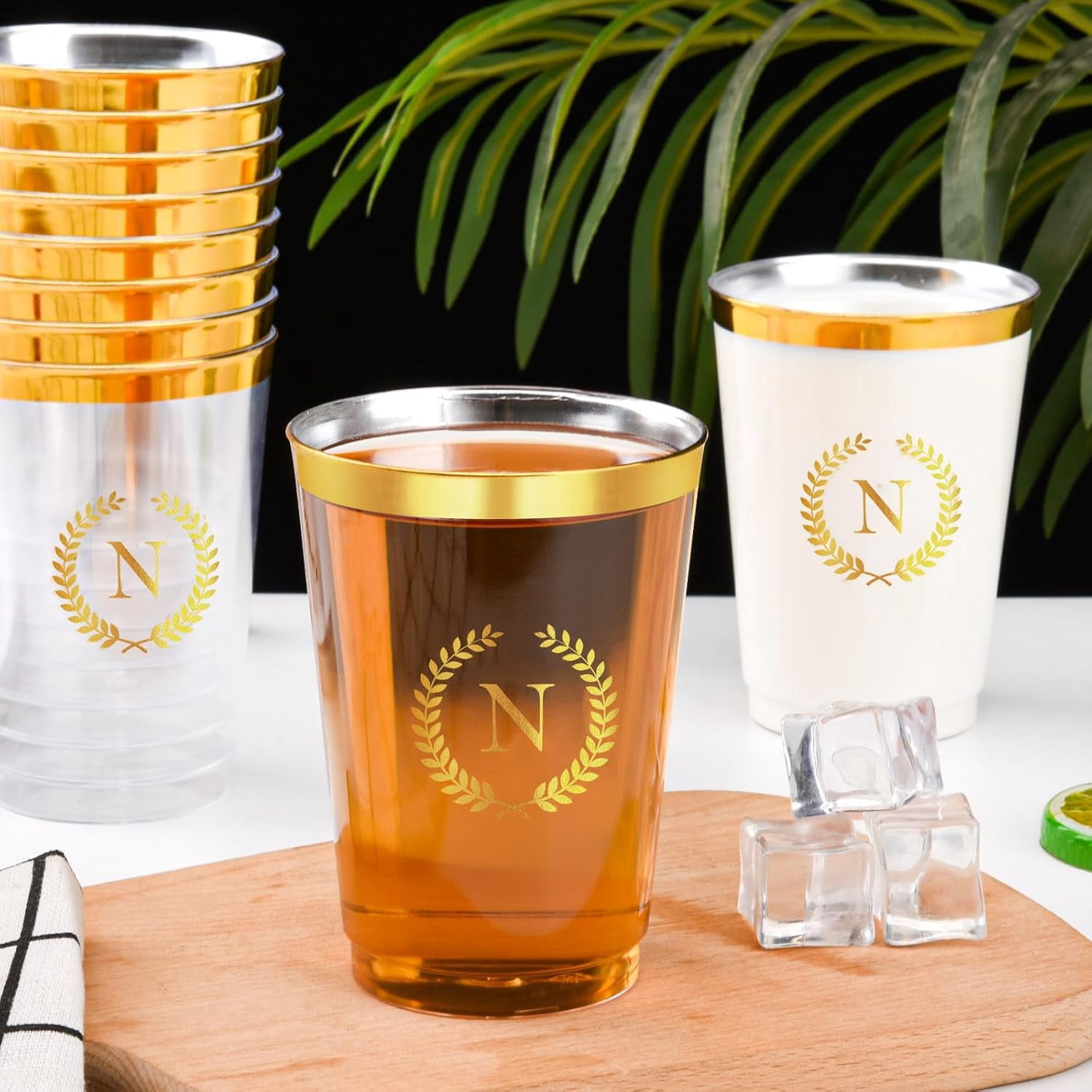 100pcs Gold Foil Letter N Disposable Plastic Cups 12oz Clear Initial ...