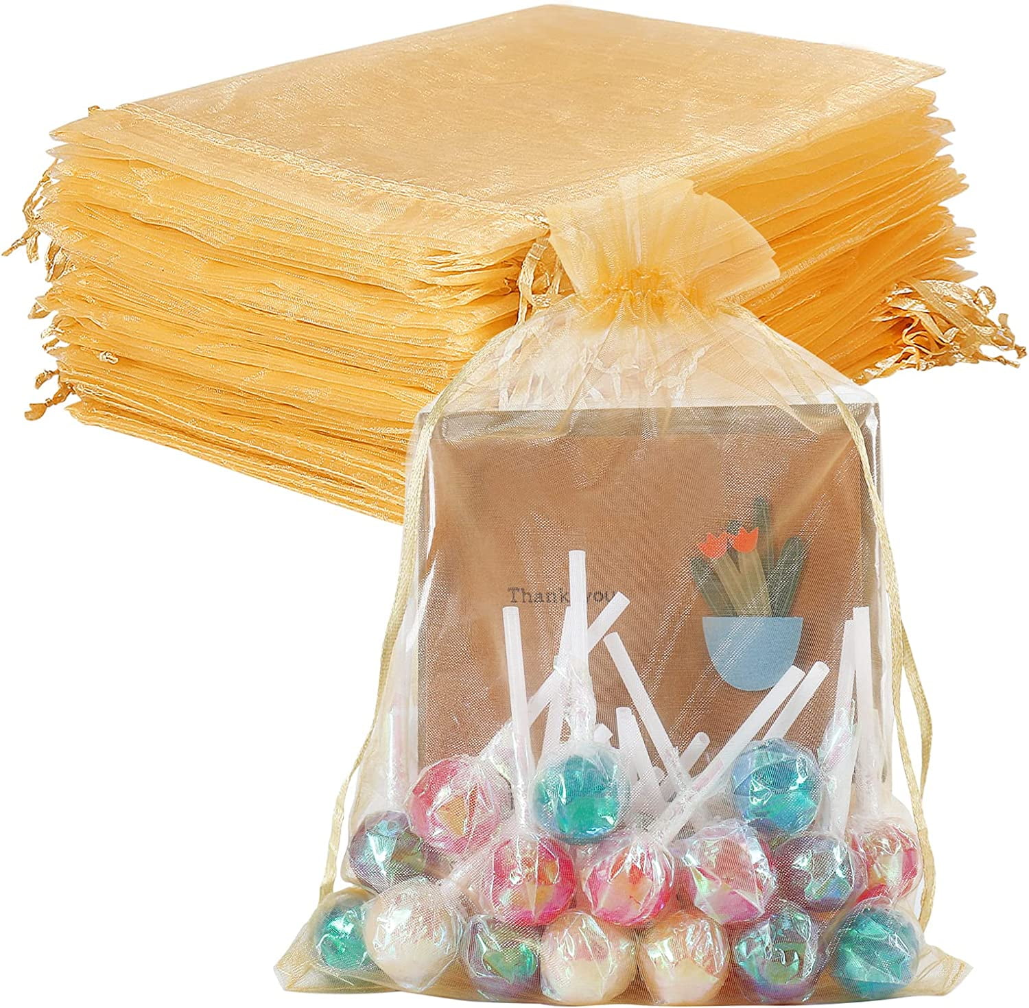 100pcs Gold Organza Bags 6x9 inch, Mesh Gift Pouches Drawstring Empty ...