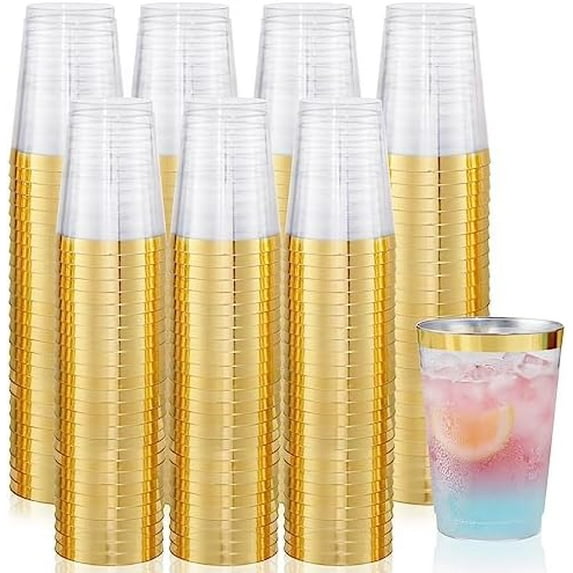 100pcs Gold Plastic Cups 12 oz, Glitter Clear Disposable Cups Heavy ...