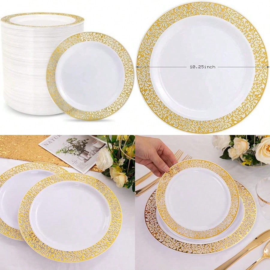 100pcs Gold Plastic Plates 10.25 White Plastic Dinner Plate Gold Lace ...