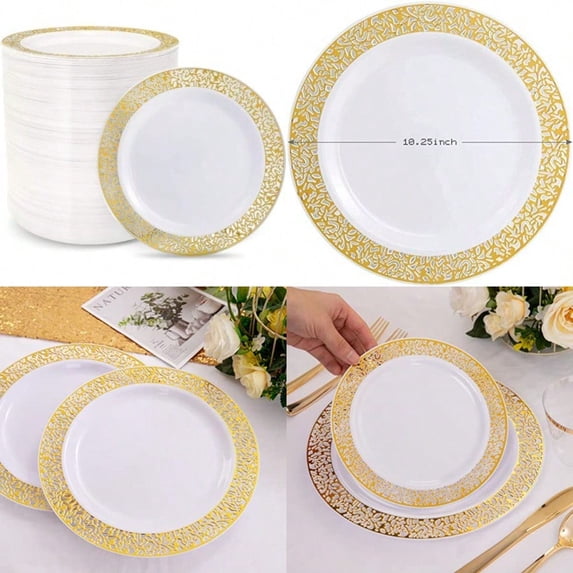 100pcs Gold Plastic Plates 10.25 White Plastic Dinner Plate Gold Lace ...