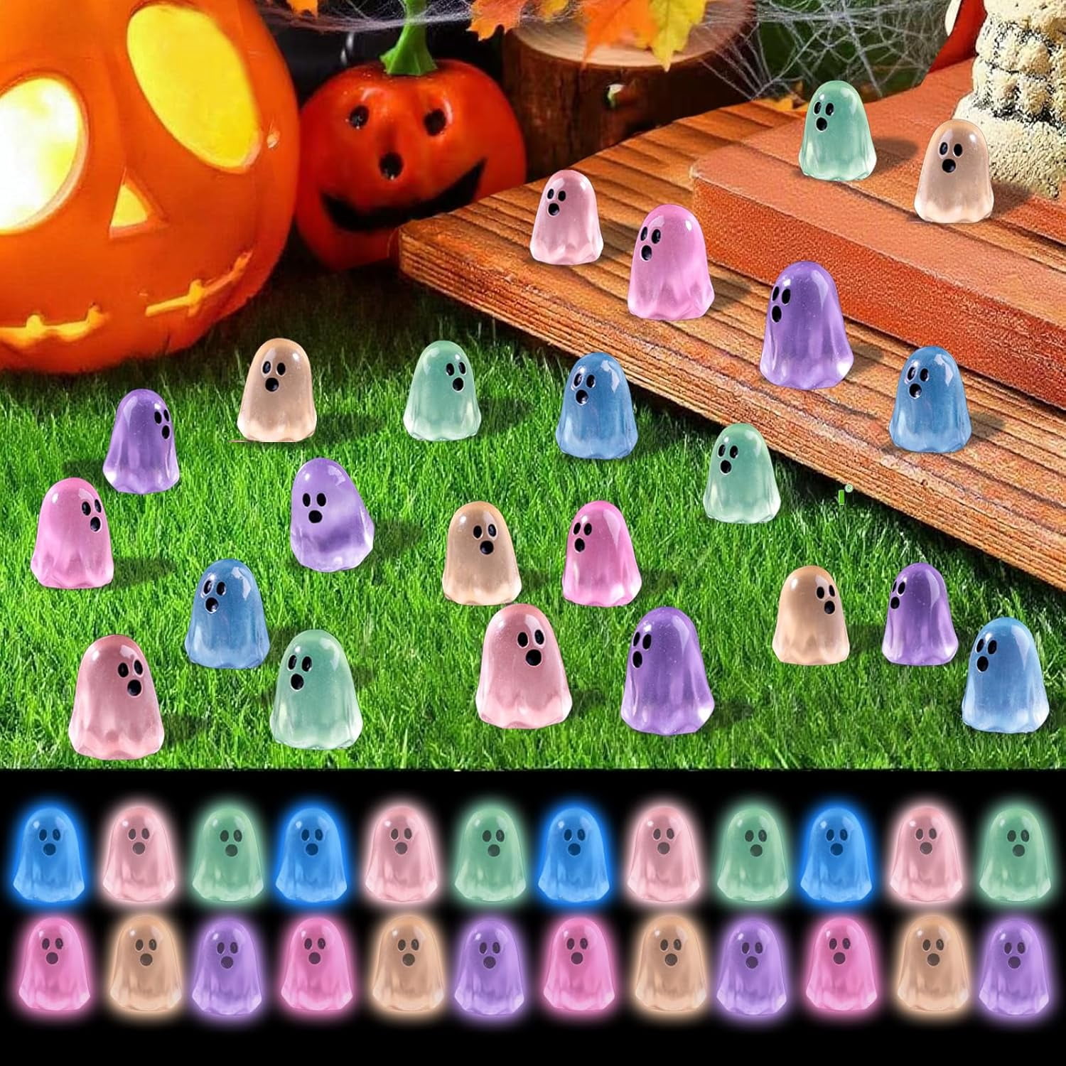 100pcs Halloween Mini Ghosts Figures, Luminous Tiny Resin Halloween ...