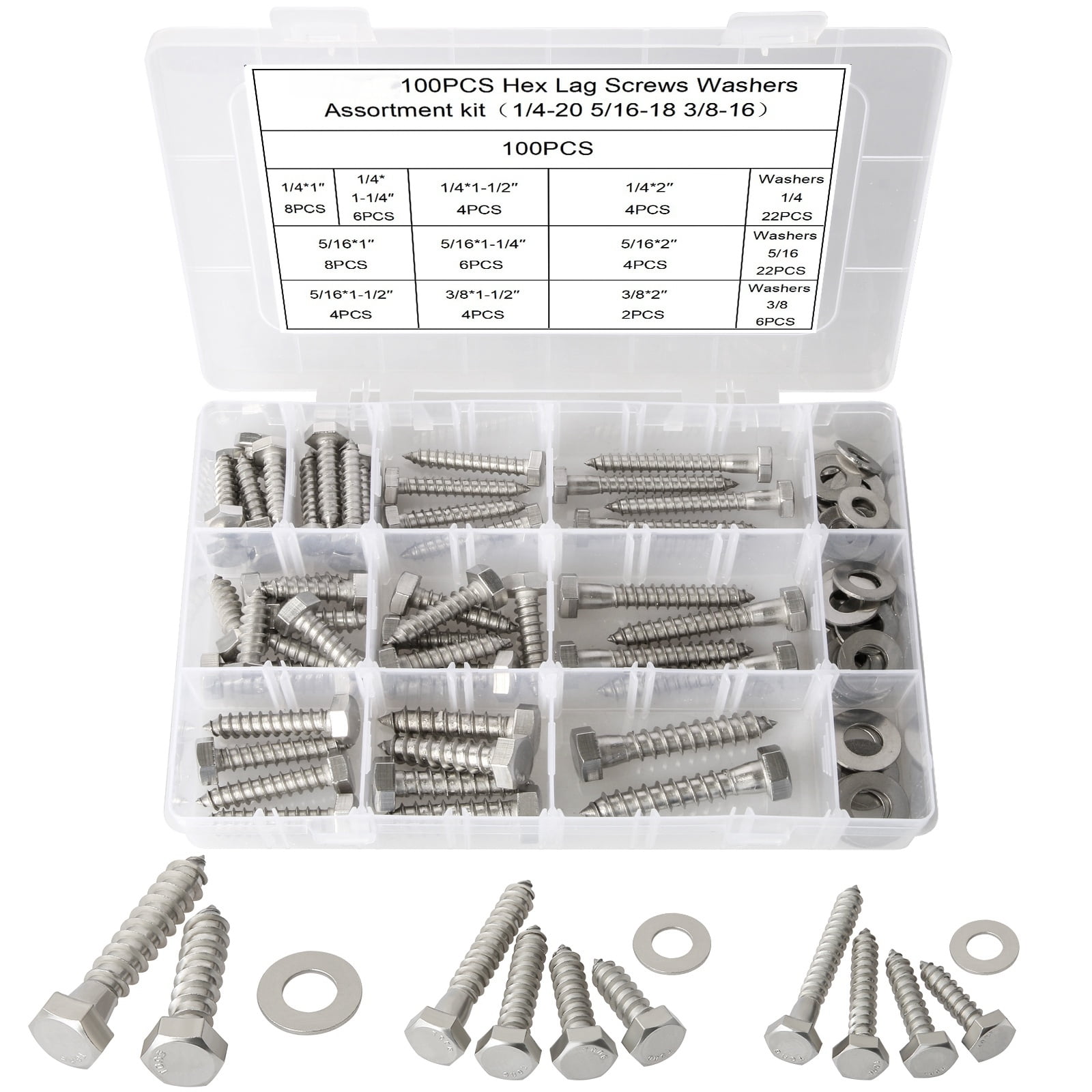 100pcs Hex Lag Bolts Screws Washer Assortment Kit, 304 Stainless Steel ...