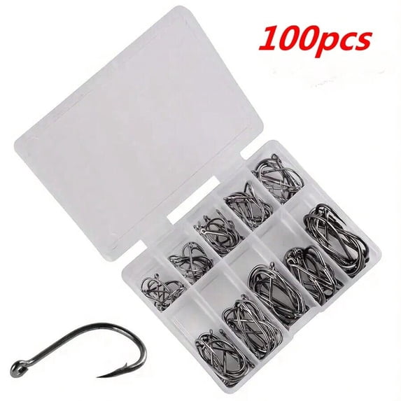 100pcs Iseama Barb Fishing Hooks With Hole Mixed Size 3#-12# Black Lure ...
