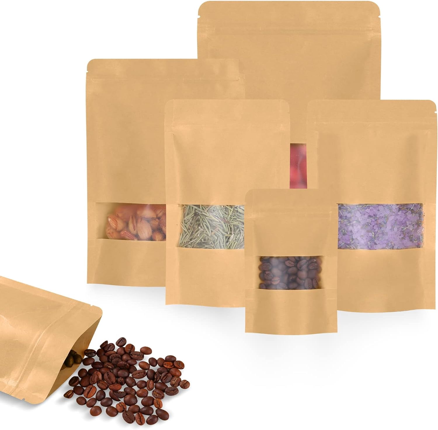 100pcs Kraft Bags with Window 5.9x8.6 Inches Brown Reusable Sealable ...