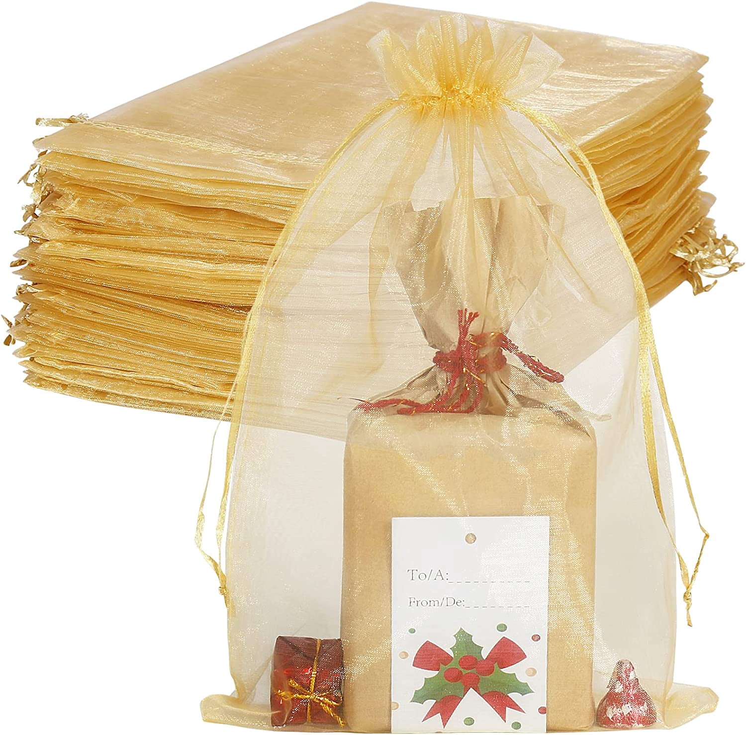 100pcs Large Organza Bags - Gold Mesh Drawstring Goodie Bags for ...