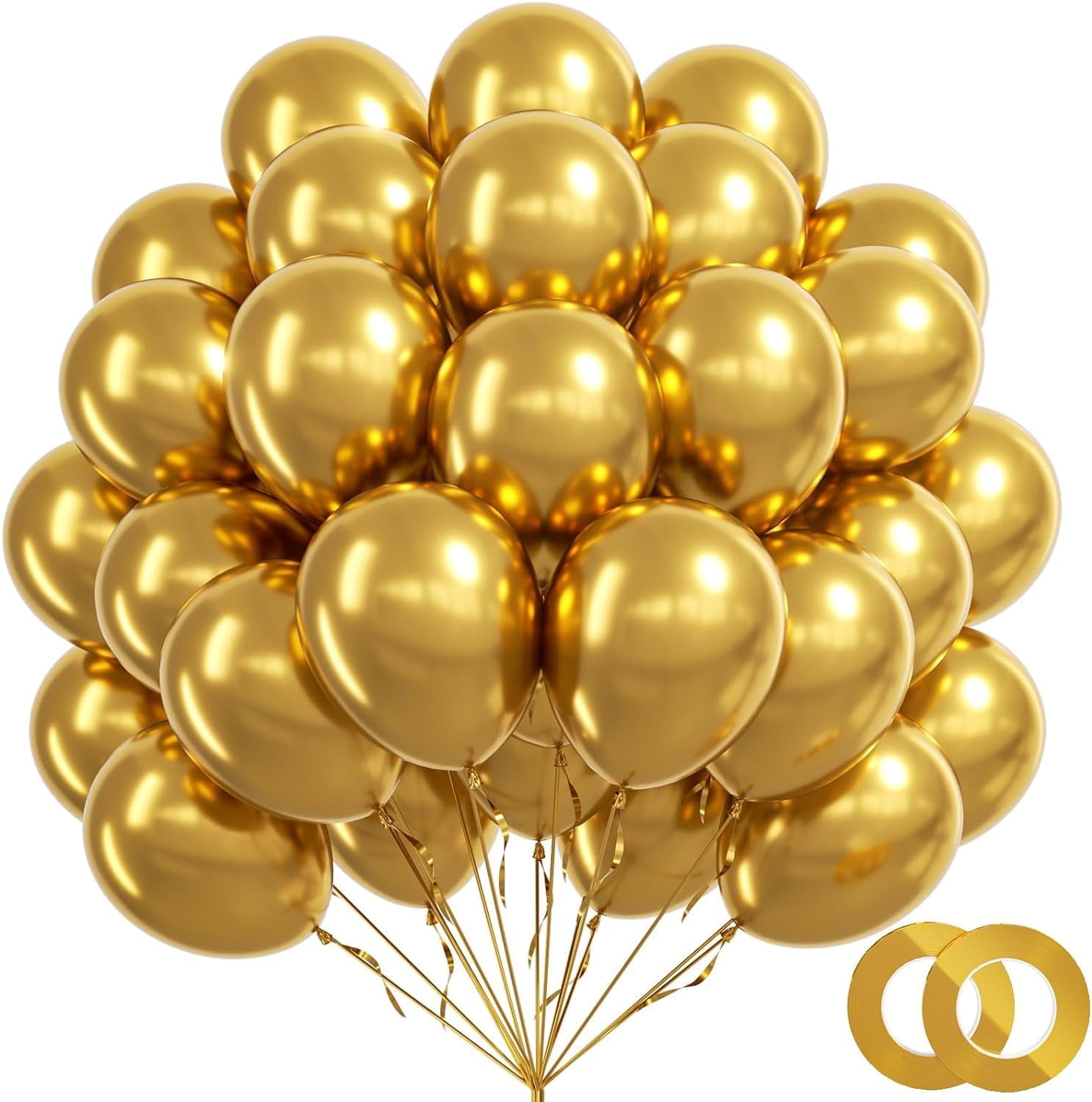 100pcs Metallic Gold Balloons 12 inch, Chrome with Ribbon for Birthday ...