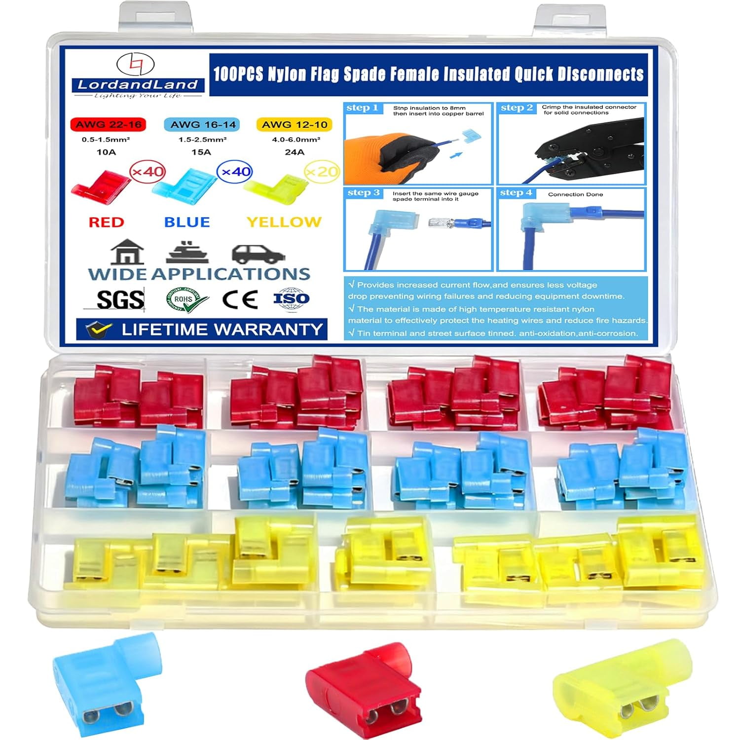 100pcs Nylon Flag Spade Female Insulated Quick Disconnects 22-18/16-14/ ...