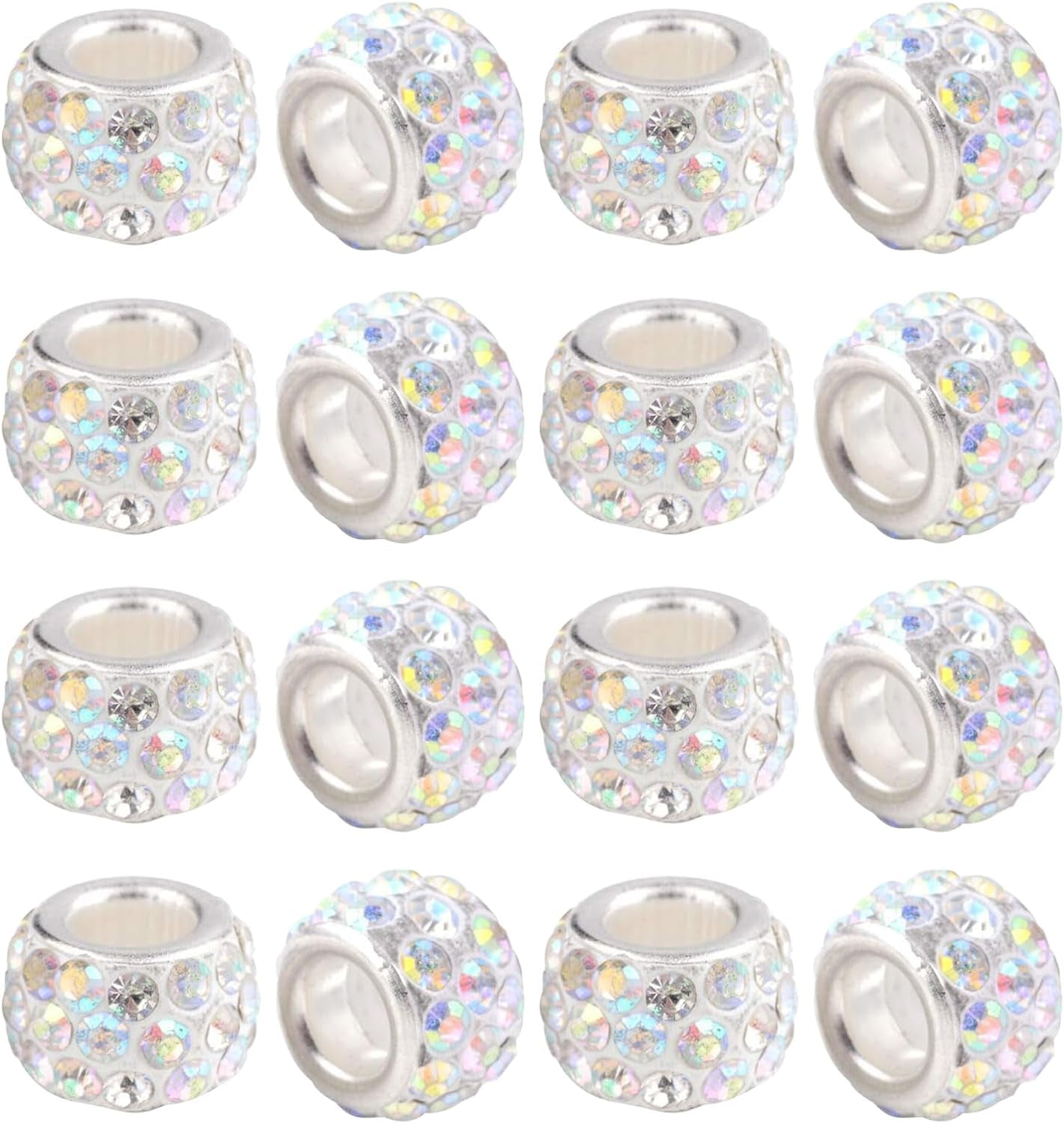 100pcs Polymer Clay Rhinestone European Beads Large Hole Beads Silver ...