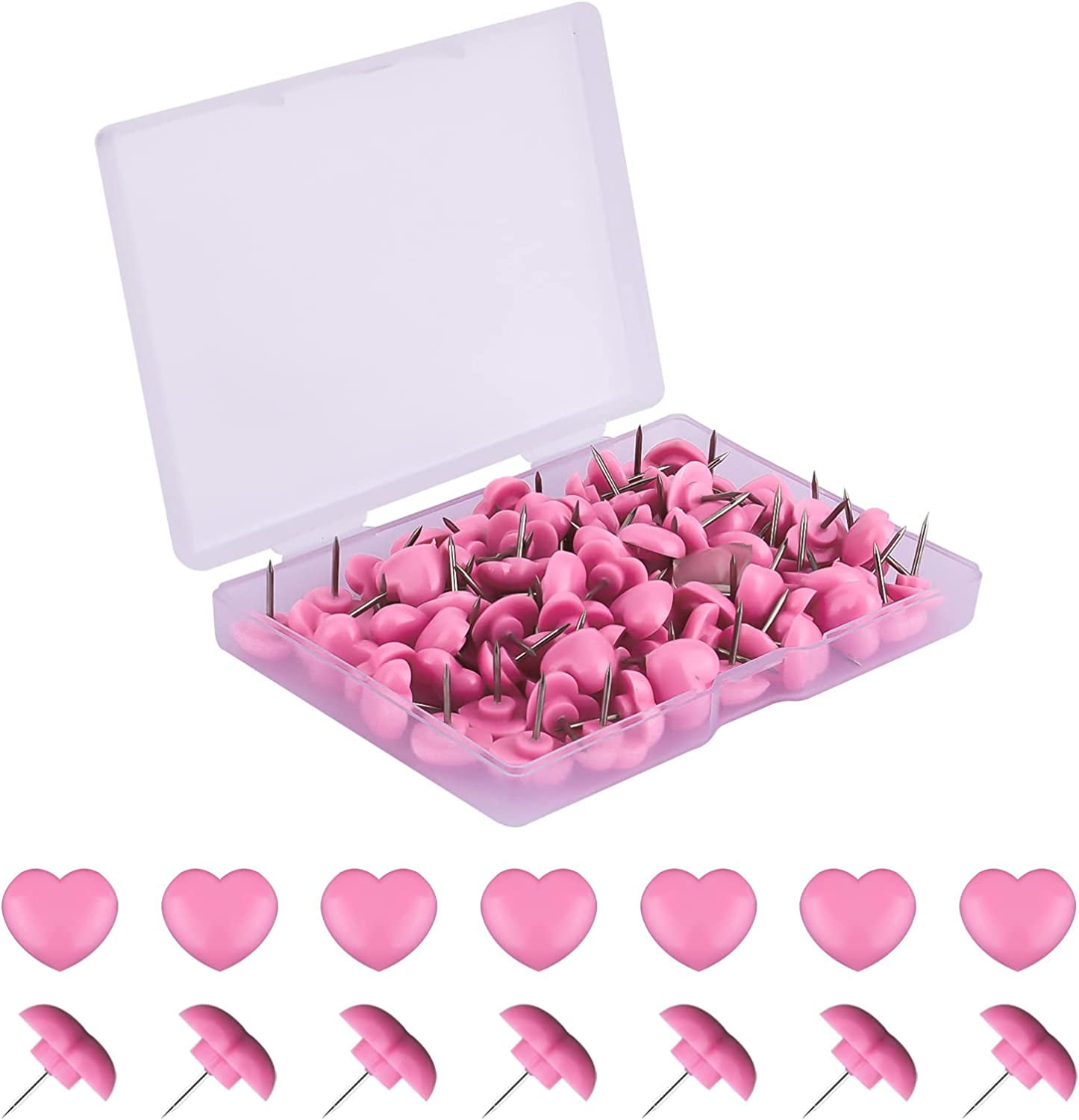 100pcs Push Pins, 0.47inch Plastic Pushpins Pink Push Pins with Stainless Steel Point Heart ...