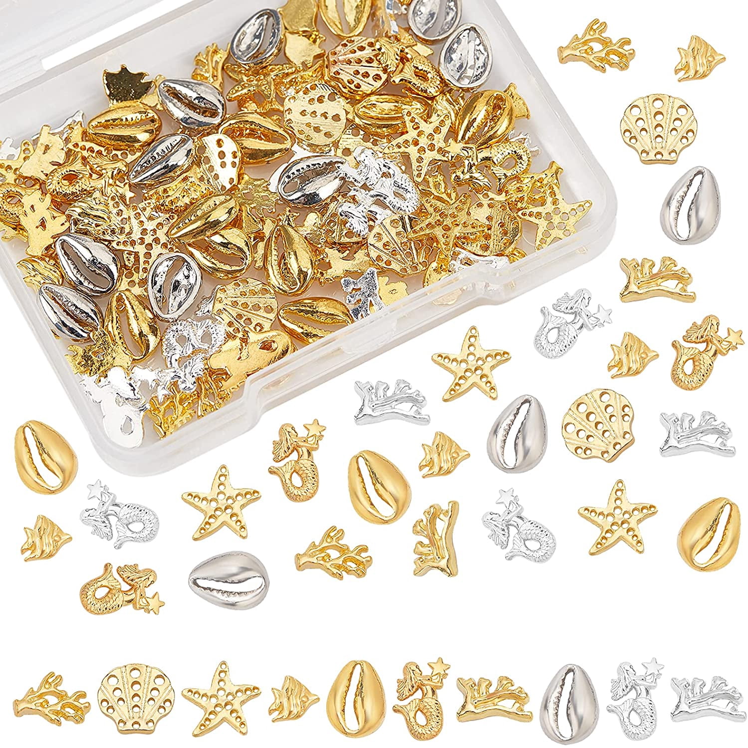 100pcs Seashells Fillers - 7-Style 3-Colors Ocean Theme Alloy Epoxy Resin Cabochons Starfish ...