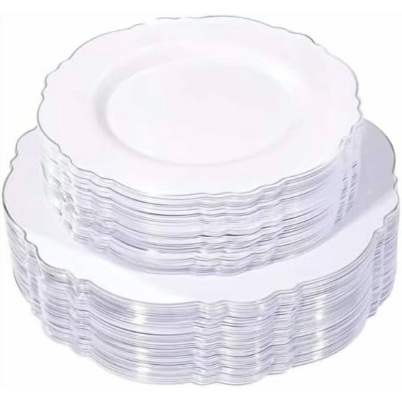 100pcs Silver Plastic Plates - High-end Design - Heavy Duty White ...