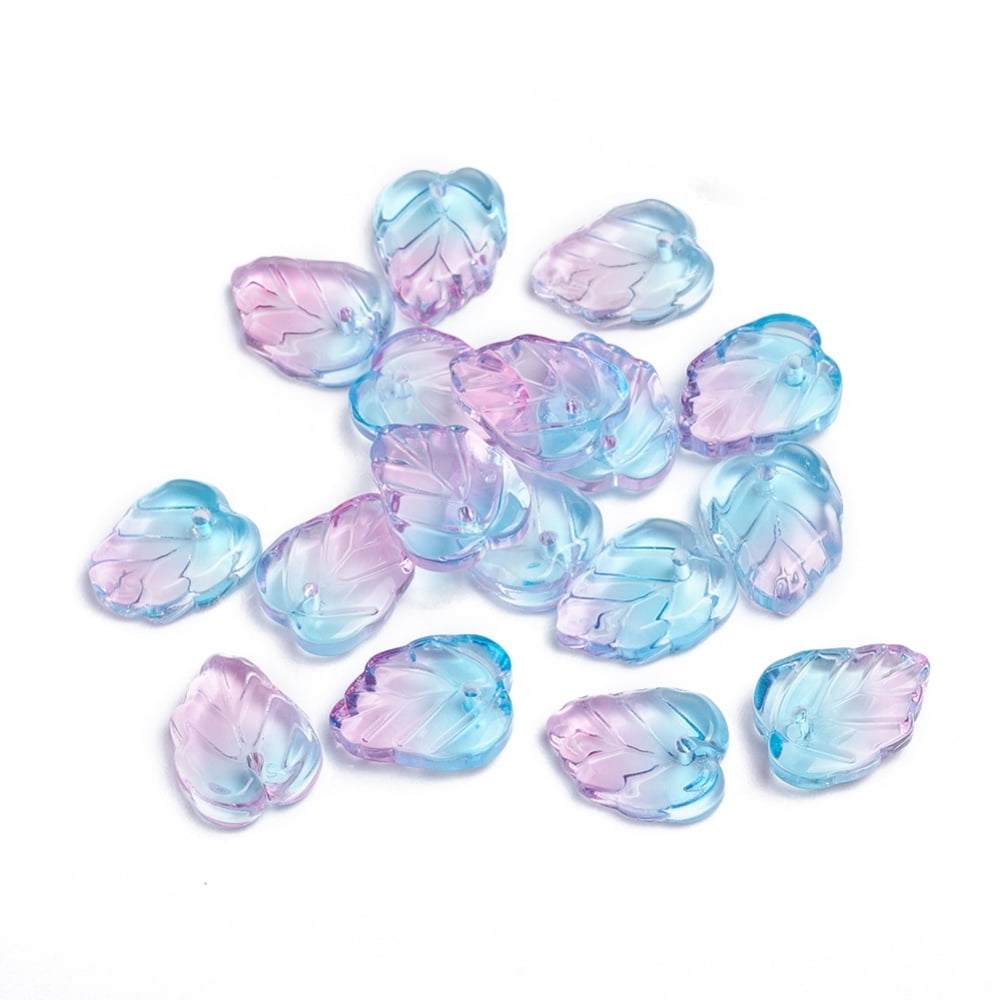 100pcs Two-Tone Transparent Glass Charms Leaf Light Sky Blue 13.5x10 ...