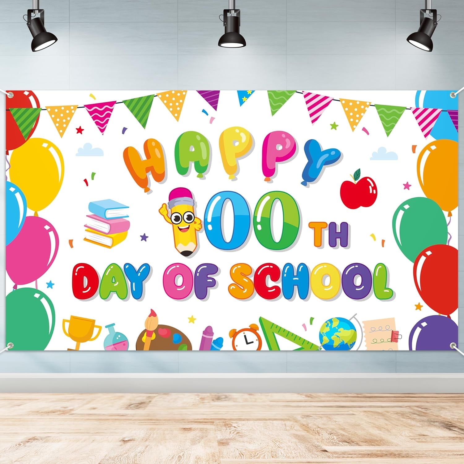 100th Day of School Backdrop Banner Decorations, Happy 100th Day White Background Kids Students ...