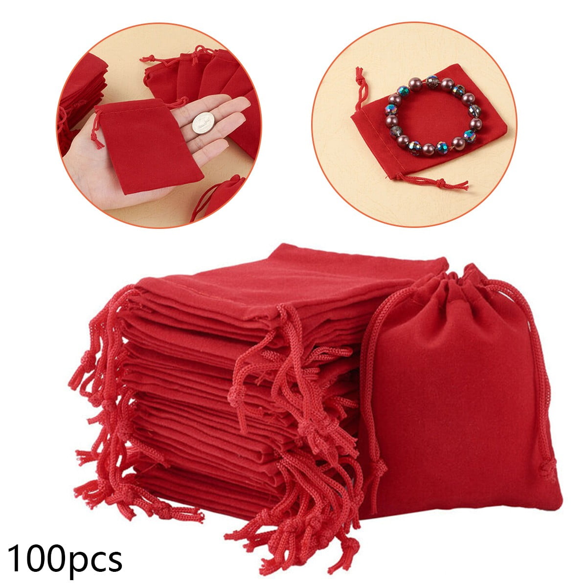 100x Small Red Gift Bag Velvet Cloth Jewelry Pouch Drawstring Wedding ...